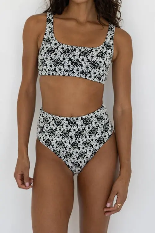 Geode Swimwear Daisy High-waisted Floral Bikini Bottoms - Black
