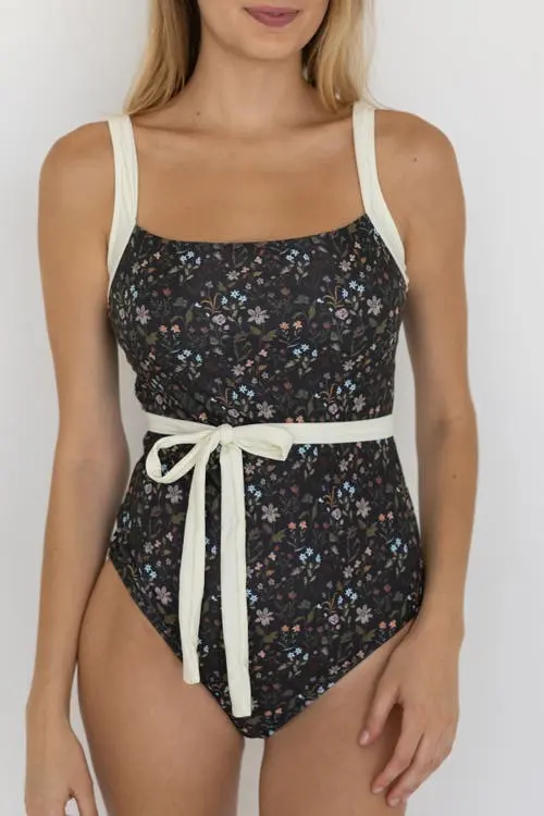 Geode Swimwear Victoria Floral Print One-piece Swimsuit With Crossover Straps - Black