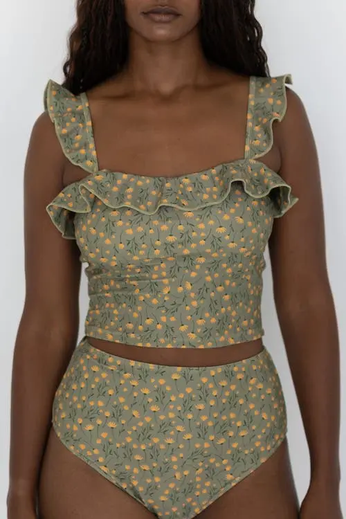 Geode Swimwear Bella Off-the-shoulder Floral Print Tankini Top - Green