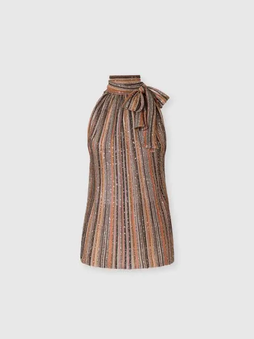 Missoni Sleeveless Top In Ribbed Viscose Lamé With Scarf Collar - Green& Brown