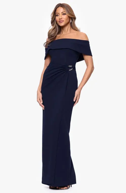 XSCAPE EVENINGS Off-the-shoulder Scuba Crepe Gown With Hardware Detail