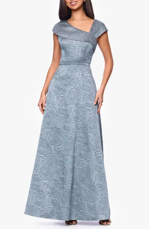 XSCAPE EVENINGS Floral Brocade Asymmetric Neck Gown - Slate