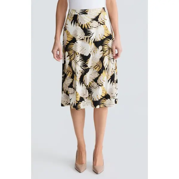 KASPER Palm Print Knit Midi Skirt - Black Multi