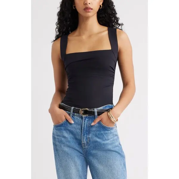 OPEN EDIT Ruched Square Neck Tank - Black