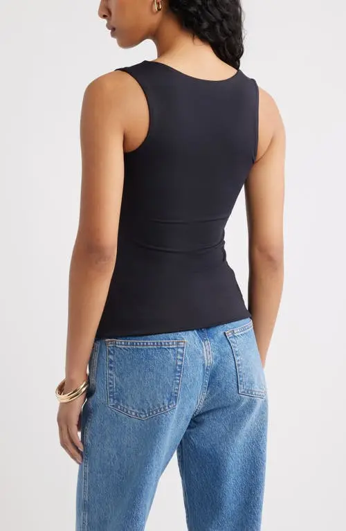 OPEN EDIT Ruched Square Neck Tank - Black