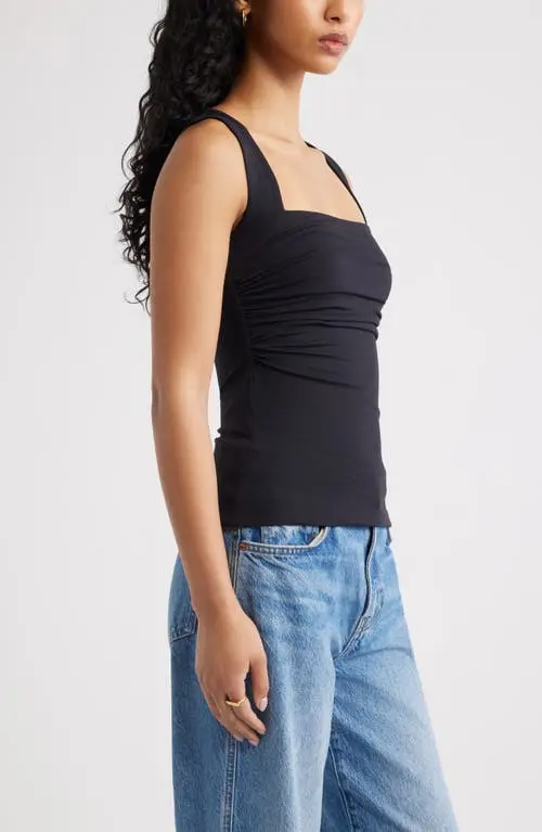 OPEN EDIT Ruched Square Neck Tank - Black
