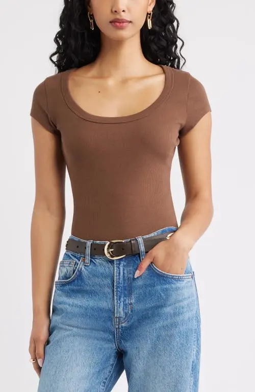 OPEN EDIT Scoop Neck Stretch Cotton T-shirt - Brown Terra