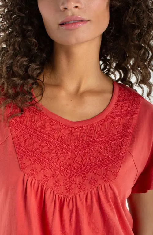 LIVERPOOL Embroidered Yoke Flutter Sleeve Top - Red Clay