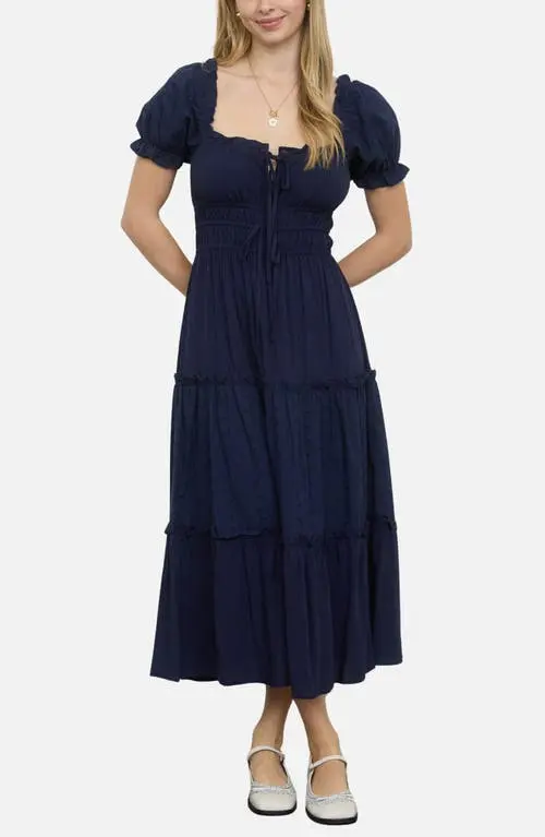BLU PEPPER Tiered Maxi Dress With Puff Sleeves And Eyelet Details - Navy