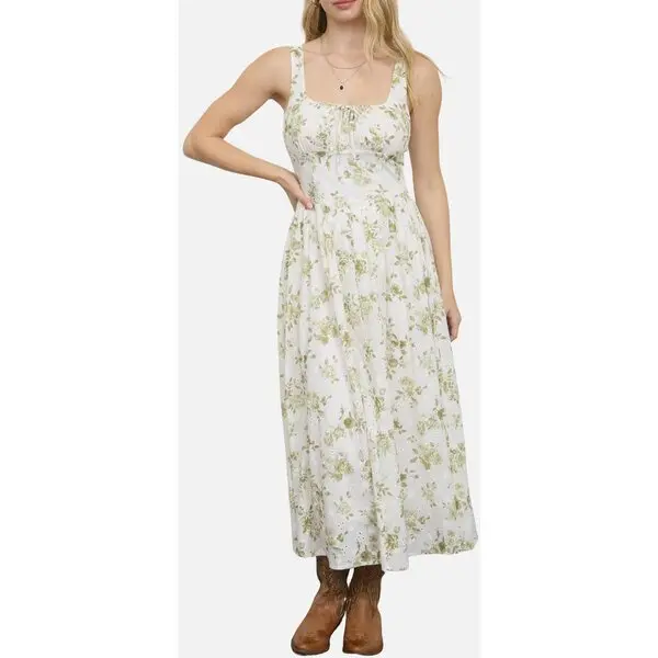 BLU PEPPER Sleeveless Eyelet Floral Maxi Dress - Olive