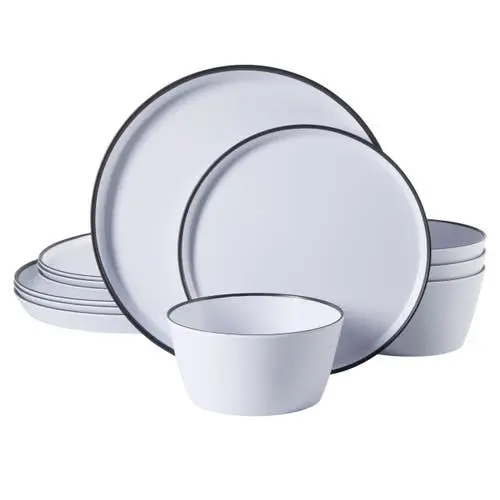 GIBSON HOME Folsom Shores 12 Piece Melamine Dinnerware Set W/ Black Rim - White