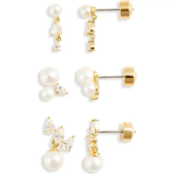 Nordstrom Set Of 3 Faux Pearl And Cubic Zirconia Earrings - White- Clear- Gold