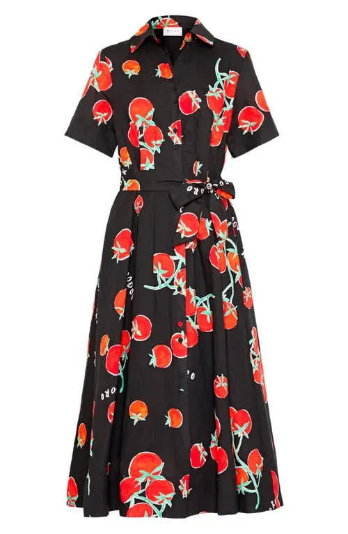 MILLY Lexi Tomato Print Midi Shirt Dress - Black/red