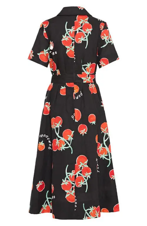 MILLY Lexi Tomato Print Midi Shirt Dress - Black/red