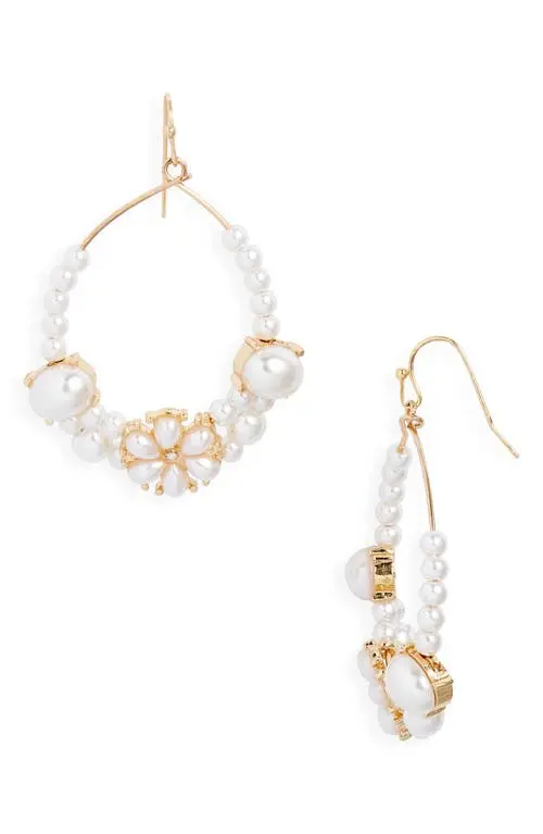 Nordstrom Floral Faux Pearl Teardrop Hoop Earrings - White- Gold
