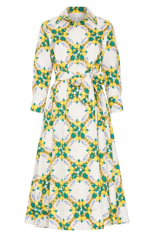 MILLY Lexi Print Tie Waist Midi Shirtdress - Yellow Multi