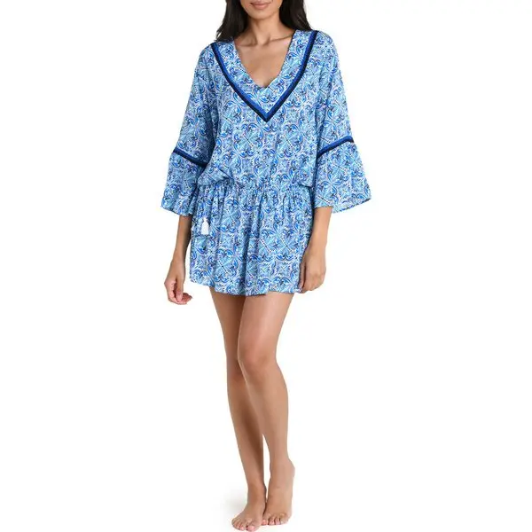 La Blanca Costa Azul Bell Sleeve Drawstring Waist Cover-up Tunic - Blue