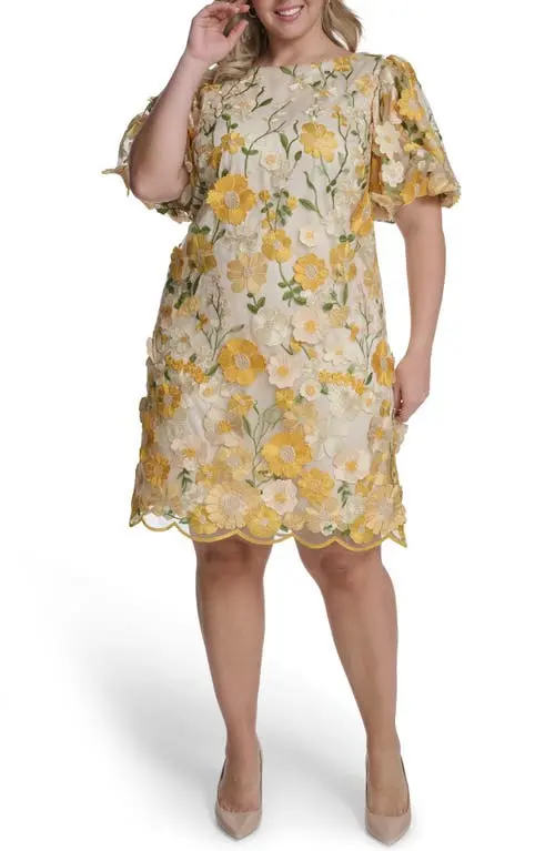 Eliza J Embroidered Floral Appliqué Cocktail Dress - Lemon Multi