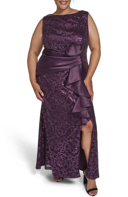 Eliza J Sleeveless Sequin Gown With Ruffled Detail - Plum
