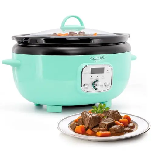 MEGACHEF 6.9 Quart Oval Electric Slow Cooker In Turquoise With Black Pot - Blue