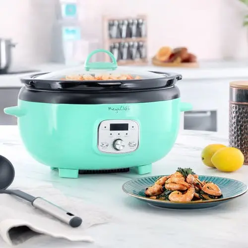 MEGACHEF 6.9 Quart Oval Electric Slow Cooker In Turquoise With Black Pot