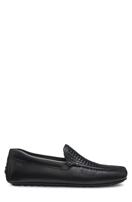 BOSS Noel Woven Leather Moc Toe Loafers - Black