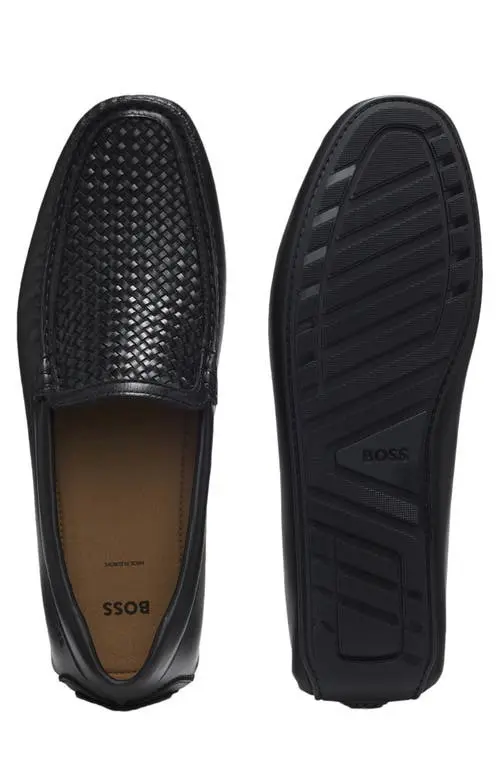 BOSS Noel Woven Leather Moc Toe Loafers - Black