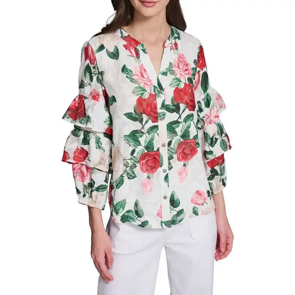 Karl Lagerfeld Paris Rose Print Ruffle Top