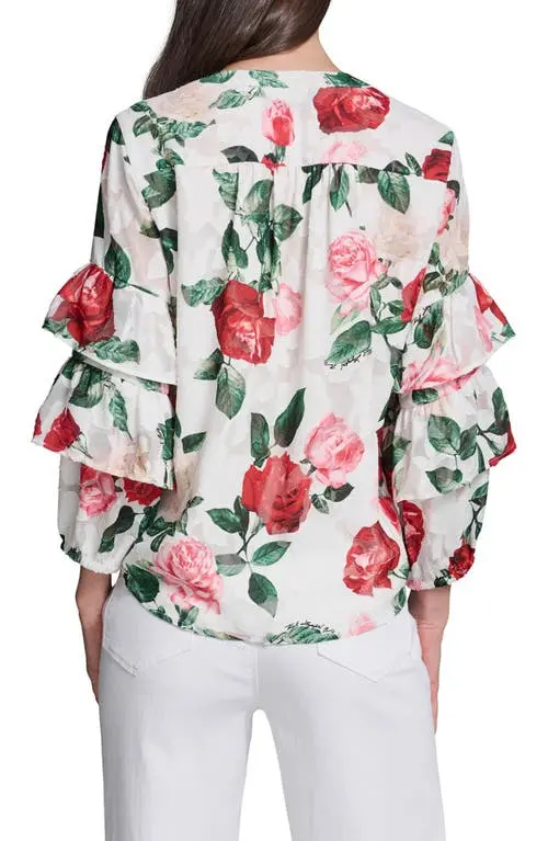 Karl Lagerfeld Paris Rose Print Ruffle Top