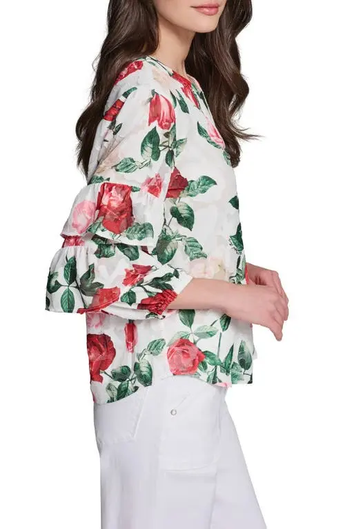Karl Lagerfeld Paris Rose Print Ruffle Top
