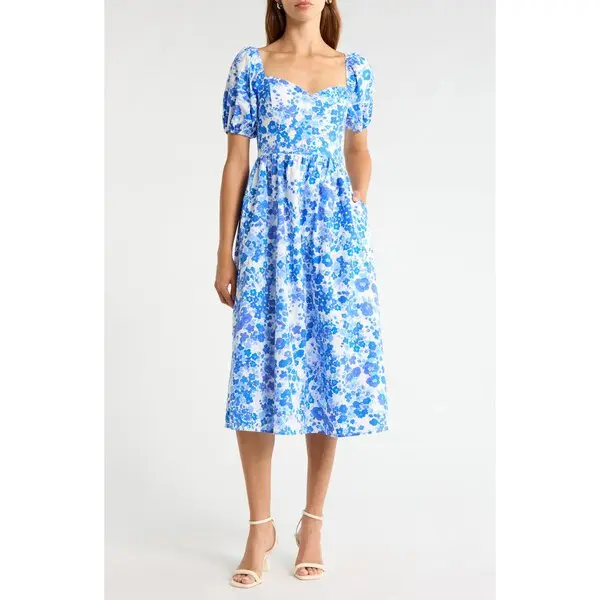 SUGARLIPS Carli Floral Alessi Puff Sleeve Midi Dress - White-blues-multi