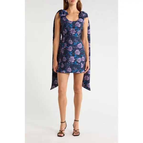 SUGARLIPS Nicole Floral Jacquard Bow Minidress - Navy-multi