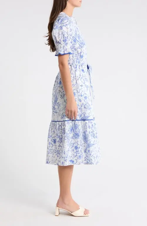 SUGARLIPS Floral Print Midi Dress With Puff Sleeves And Tie Waist - White/blue