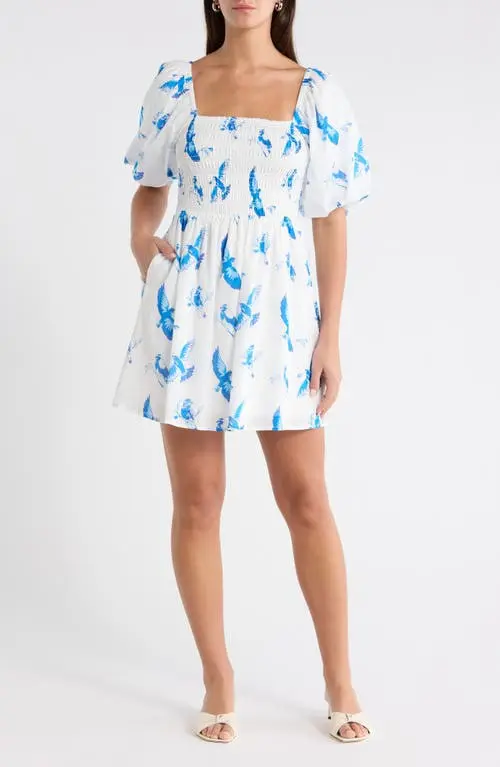 SUGARLIPS Bluebird Print Smocked Minidress - White Blue Combo