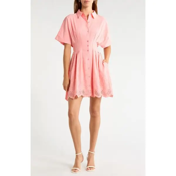 SUGARLIPS Sammie Pleated Eyelet Cotton Shirtdress - Blush