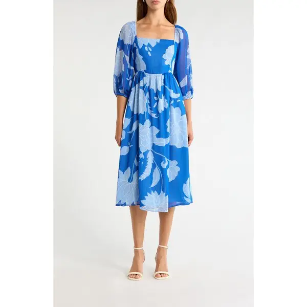 SUGARLIPS Seabloom Floral Amaretto Puff Shoulder Dress - Cobalt-blue