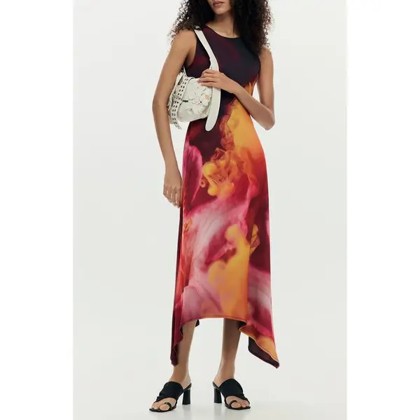 Desigual Sleeveless Floral Print Dress With Handkerchief Hem - Black