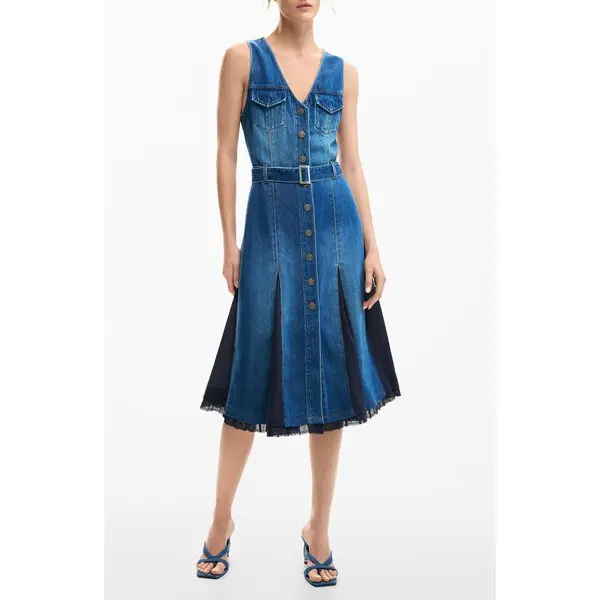 Desigual Sleeveless Denim Dress With Pleated Skirt And Lacy Trim - Medium Blue