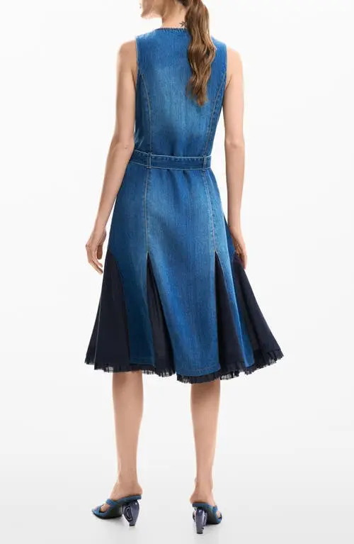 Desigual Sleeveless Denim Dress With Pleated Skirt And Lacy Trim