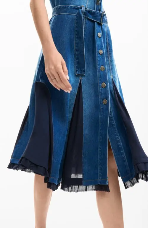 Desigual Sleeveless Denim Dress With Pleated Skirt And Lacy Trim