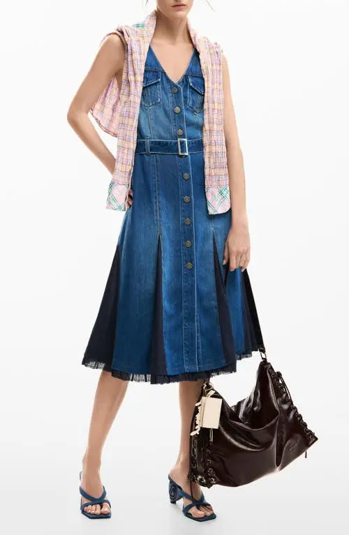 Desigual Sleeveless Denim Dress With Pleated Skirt And Lacy Trim