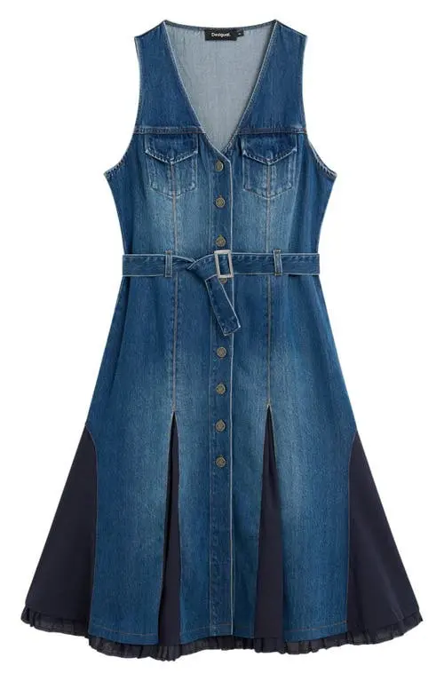 Desigual Sleeveless Denim Dress With Pleated Skirt And Lacy Trim