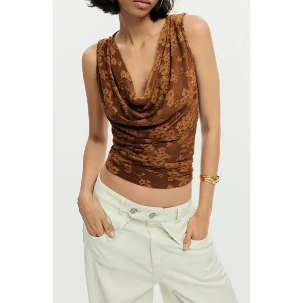 Desigual Sleeveless Cowl Neck Top With Textured Floral Print