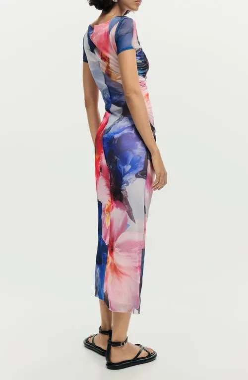 Desigual Short Sleeve Floral Print Ruched Dress