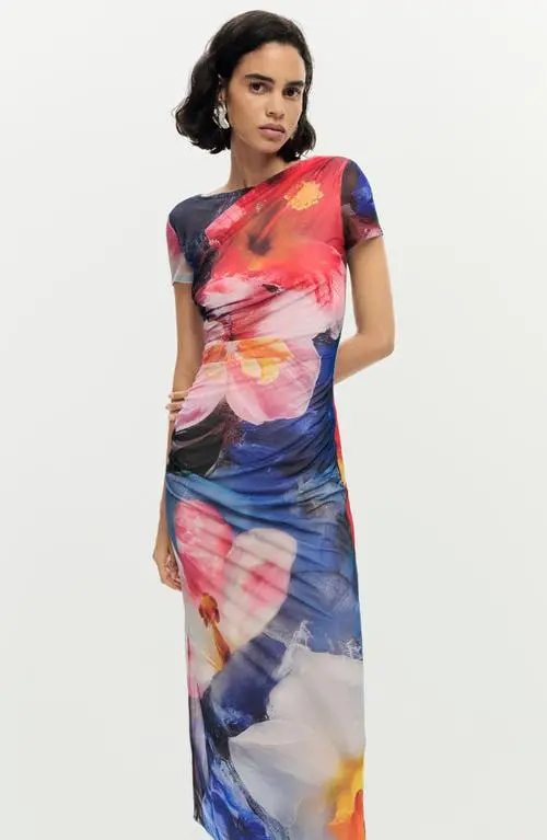 Desigual Short Sleeve Floral Print Ruched Dress