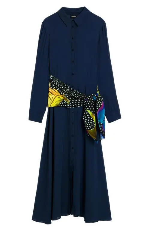 Desigual Long Sleeve Shirtdress With Contrasting Tie Sash