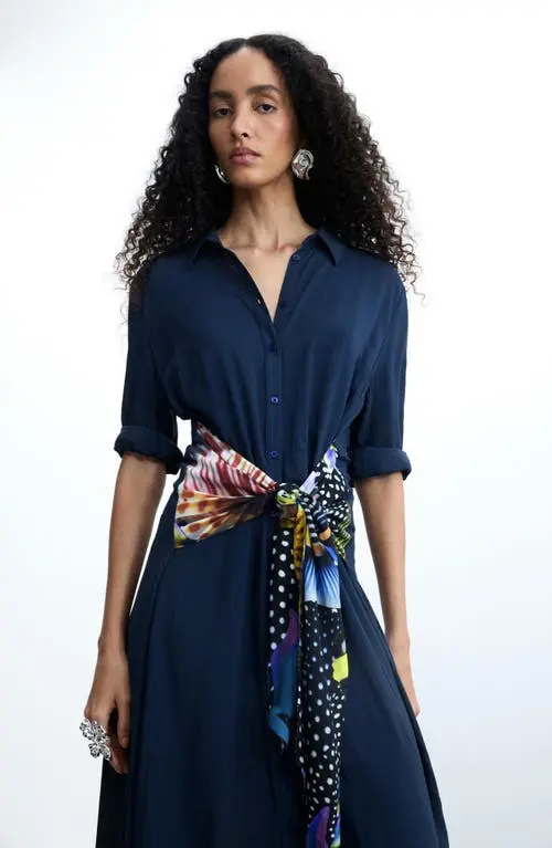 Desigual Long Sleeve Shirtdress With Contrasting Tie Sash
