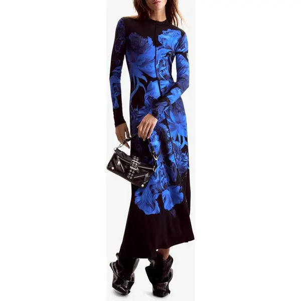 Desigual Floral Print Maxi Dress With Exposed Seams - Dark Blue