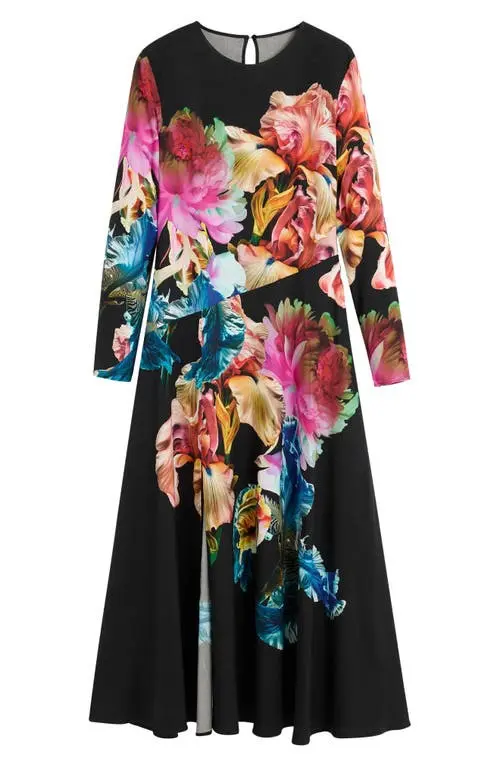 Desigual Floral Print Long Sleeve Midi Dress With Slit