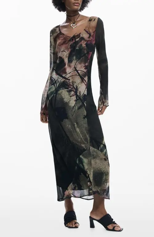 Desigual Abstract Print Long Sleeve Maxi Dress